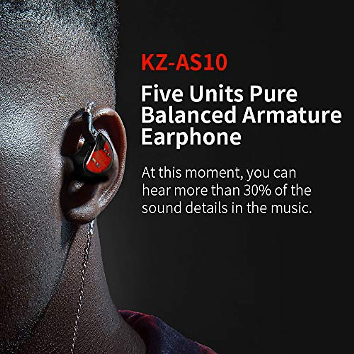 KZ AS10, LINSOUL 5BA HiFi Stereo in-Ear Earphone High Resolution Earbud Headphone 0.75mm 2 pin Cable, Five Balanced Armature Drivers, Noise Cancelling (Without Mic, Black)