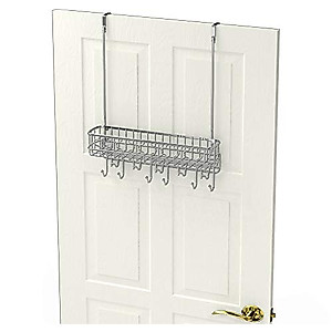 Simple Houseware Over The Door 11 Hook Organizer Rack with Basket Storage, Chrome
