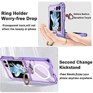 NINKI Compatible Clear Samsung Galaxy Z Flip 5 Case with Ring,Heavy Duty Anti-Fall Silicone Cute Cover Protective Phone Case for Samsung Z Flip 5 Case with Ring,Galaxy Z Flip 5 Case Slim Girls Purple