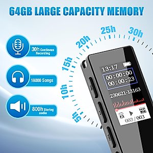 64GB Digital Voice Recorder with Playback, Dual-Microphone Noise Reduction, 30 Hours Audio Recorder, Voice Activated Recorder with MP3, Password, A-B Repeat, for Lectures, Classes, Meetings(n3)