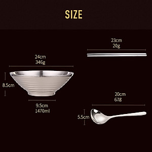 UPTALY 2 Sets Large 50 Ounce Japanese Noodle Bowls (9.5 inch x 3.4 inch), with Matching Spoons and Chopsticks, 18/10 Stainless Steel Ramen Bowl, Big Pho Bowls, Asian Soup Bowls, Thicken Udon Bowl