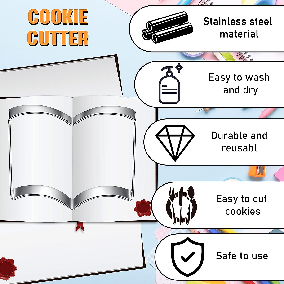 8 Piece Back to School Cookie Cutter Fondant Cutter Shapes Mini Plaque Frame Stainless Steel Biscuit Cutter and 6 Pieces Sugar Stir Needles Sugar Stirring Pins for Kitchen Baking