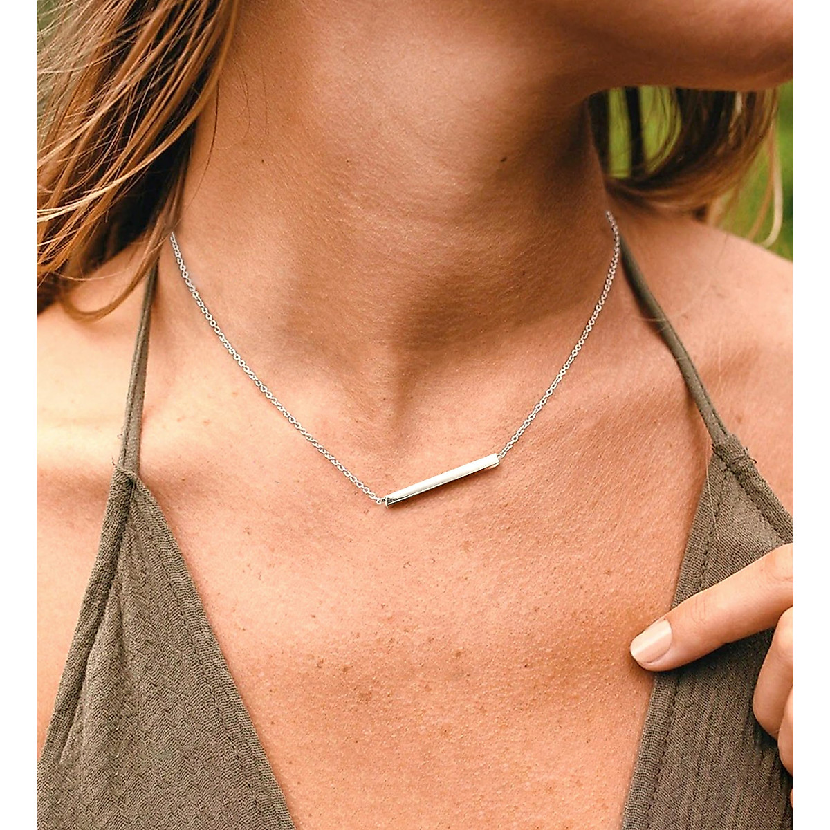 KristLand - Women Simple Bar Pendant Necklace Dainty 18K Gold Necklace Rose Gold Plated Simple Design Solid Circle, Heart Choker Chain Silver Necklaces for Women A Solid Bar Silver