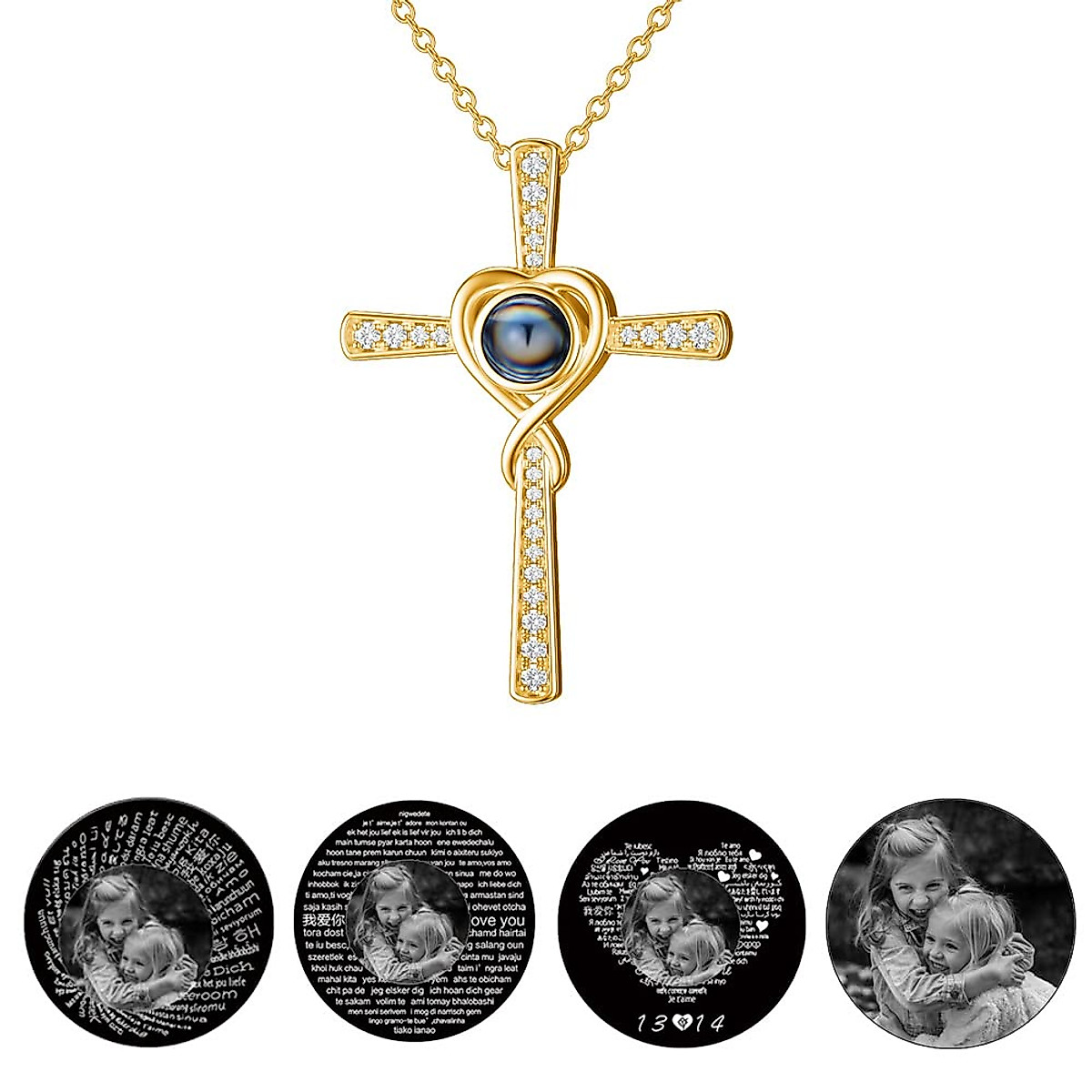 SLIACETE Personalized Picture Cross Projection Necklace 925 Sterling Silver 100 Languages Projective Jewelry Memory Gifts for Women Wife Mom Girlfriend (Gold)