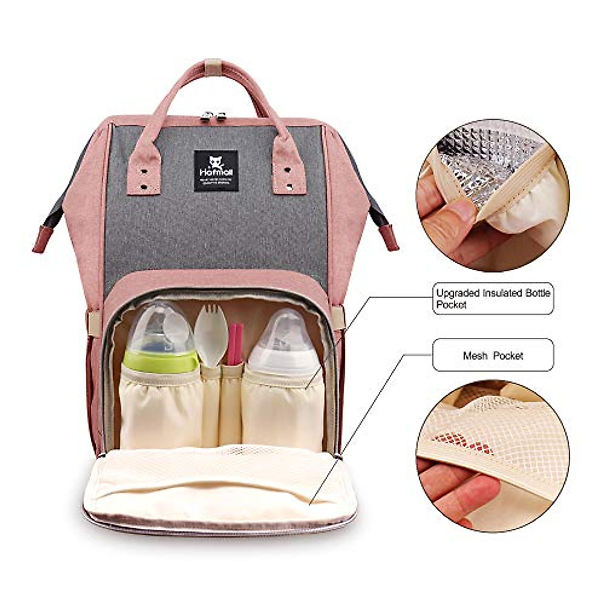 Hafmall Diaper Bag Backpack, Large Baby Diaper Bag with Stroller Hooks, Multifunctional Travel Nappy Bag, Stylish & Waterproof, Pink Gray
