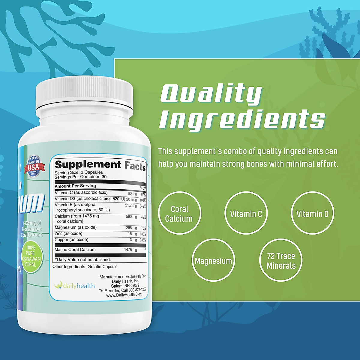 Daily Health, Coral Calcium Pure Okinawa - Marine-Grade Supplement with 72 Trace Minerals - 1475mg, 90 Vegetable Capsules (1 Month Supply)
