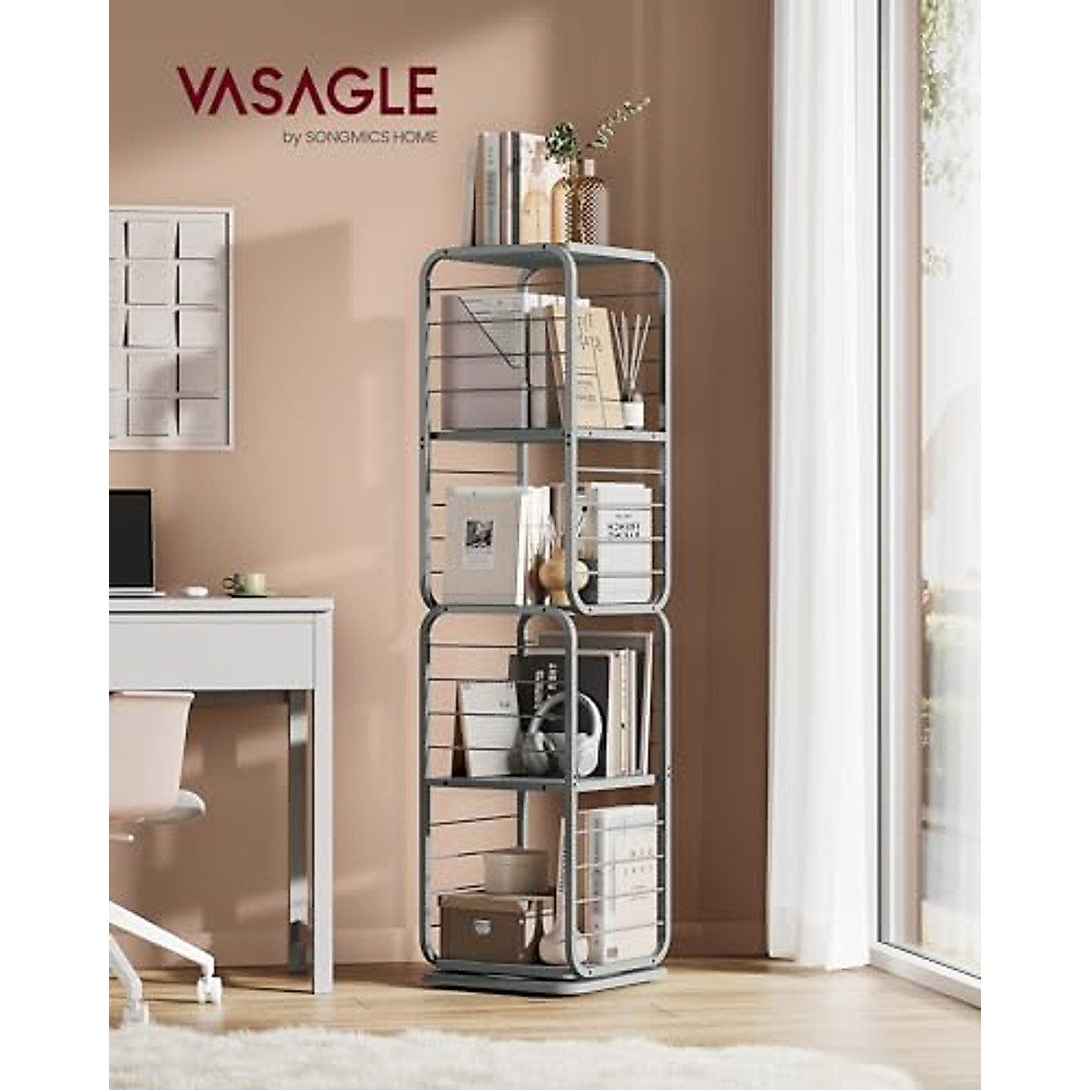 VASAGLE 4-Tier Rotating Bookshelf, Bookcase with Bookends for Small Spaces, Corner Shelf, Steel Frame, Dove Grey ULLS127G36