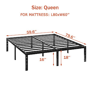 zunatu 18 Inch Queen Metal Bed Frame Foundation No Box Spring Needed Heavy Duty Tall Platform with Large Storage Easy Assembly Mattress Noise Free, Black