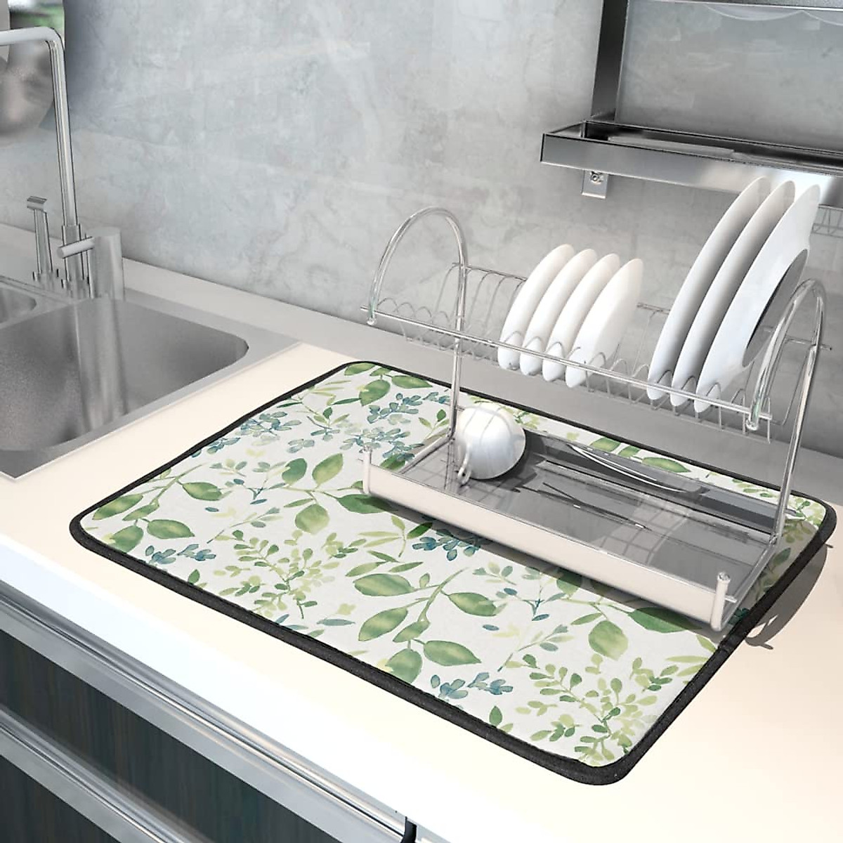 Green Leaves Branches Dish Drying Mat for Kitchen Counter 18x24 Inch Washable Microfiber Drying Mat Spring Floral Absorbent Drying Pad with Hanging Loop for Home Coffee Bar Decoration