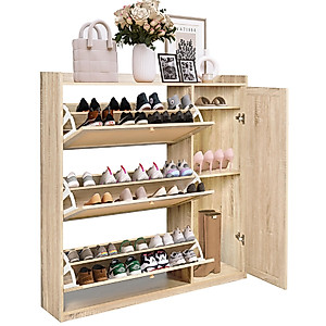 FUQARHY Shoe Cabinet with 3 Flip Drawers & Doors, Modern Slim Shoe Storage Cabinet Free Standing Shoe Organizer Shoe Rack for Boot, Sneaker, Entryway Narrow Shoe Storage for Hallway Living Room