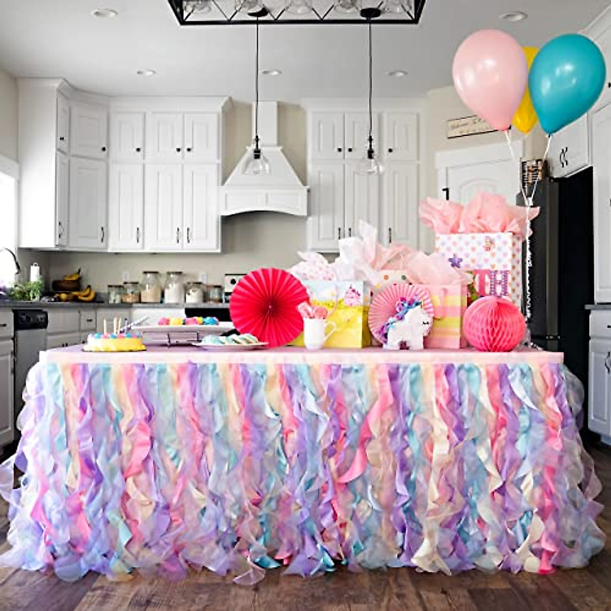 Tutu Table Skirt - Tulle Table Skirt Decoration - Mesh Fluffy Tulle Tablecloth for Birthday Party, Baby Shower, Gender Reveal, Wedding Shower, Valentine’s Day, Prom (Rainbow, 6ft)