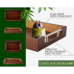 Set of 2 Modern Bamboo Serving Trays with Metal Handles – Bamboo Nesting Trays – Large, and Small Trays Set for Food, Ottoman Décor & More – Bamboo Trays for Breakfast - Brown