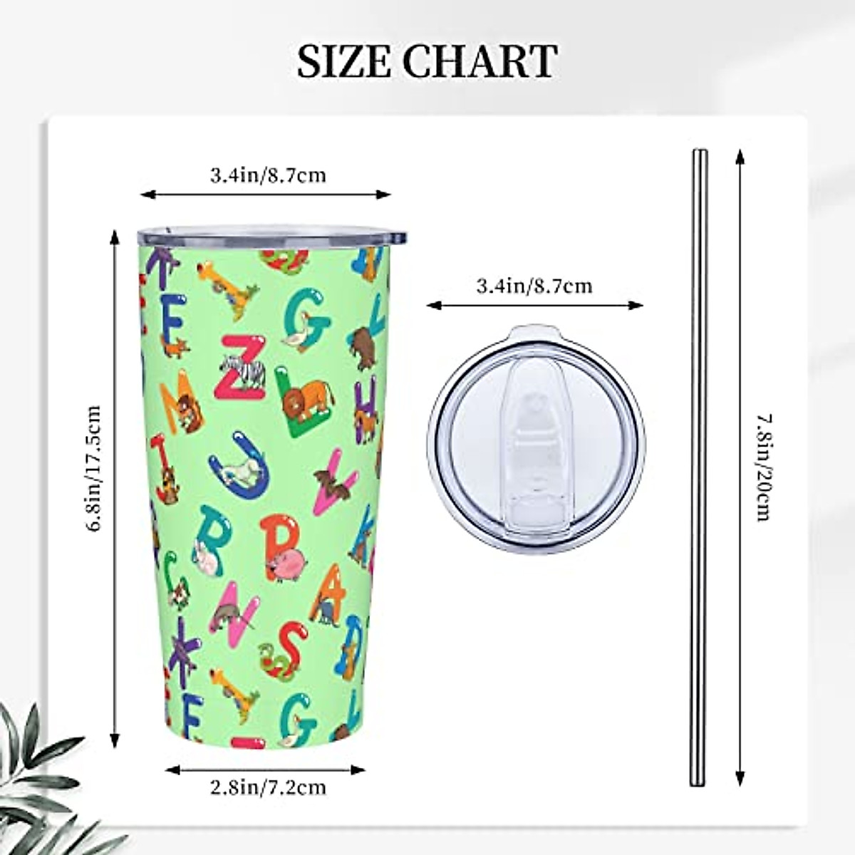 Green Animal Alphabet ABC Tumbler With Lid and Straw 20 Oz Travel Coffee Mug Reusable Food Grade Vacuum Water Glasses Thermal Cup Stainless Steel Insulated Coffee Cups for Ice Drinks and Hot Beverage