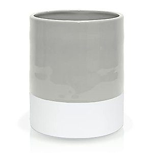 Utensil holder – crock - caddy - Extra Large ceramic organizer for kitchen countertop - modern or rustic farmhouse decor - gray & natural white - jar holds all spatulas, spoons & tools