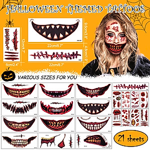 CUTELIILI 74+PCS 21 Sheets Halloween Zombie Makeup Face Tattoos, Halloween Prank Makeup Scary Big Mouth Fake Tattoos, Zombie Face Decals Prank Props for Halloween Cosplay Party DIY