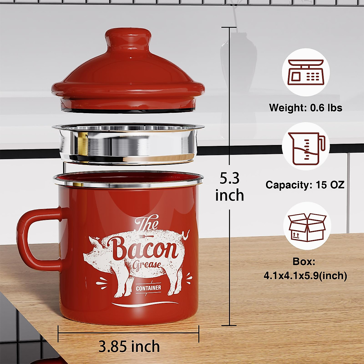 PGYARD Mini Bacon Grease Container With Strainer - 15OZ Enamel Grease Saver, Farmhouse Bacon Grease Keeper For Kitchen Fat Storage, Dishwasher Safe-Red