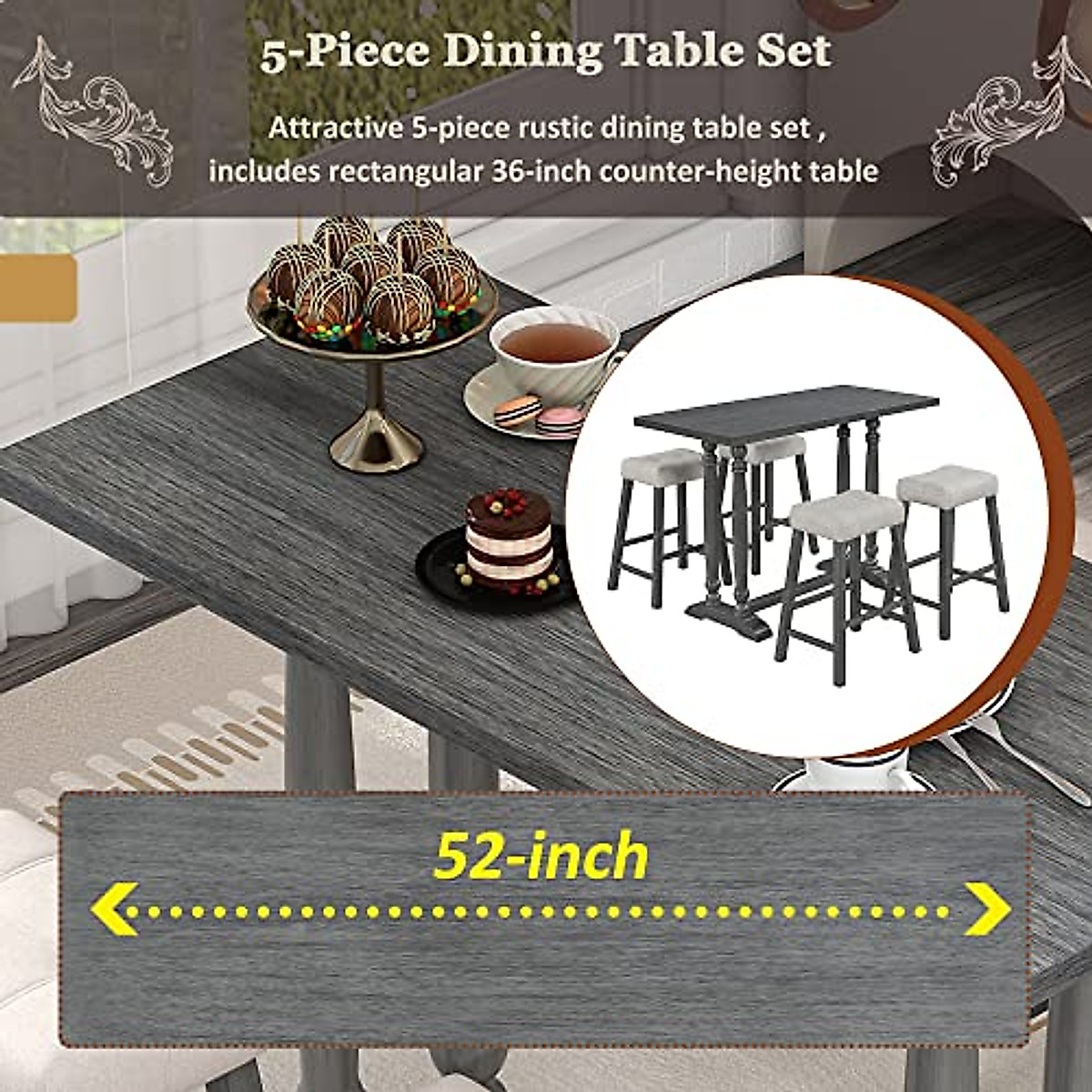 5-Piece Rustic Dining Table Set with 4 Upholstered Stools, Counter Height Kitchen Furniture, 5-Piece Dining Table Set for Kitchen, Dining Room (Gray)