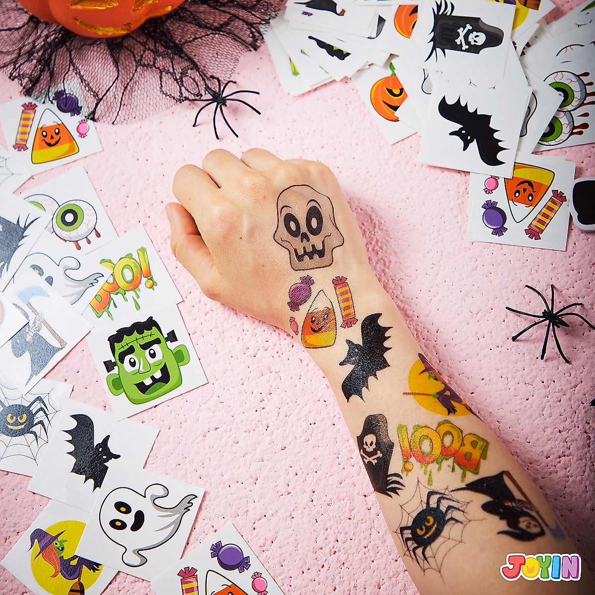 JOYIN 144 PCS Halloween Temporary Tattoos for Kids, 12 Designs Bulk Fake Tattoos Stickers for Halloween Party Favors Decorations, Supplies Trick or Treat Game Gifts Goodie Bags, Class Game Prizes