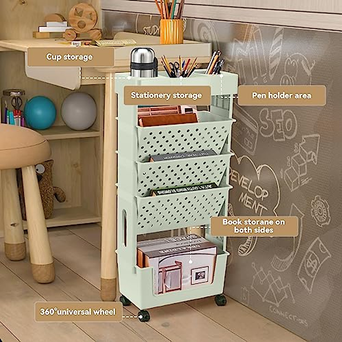 5 Tier Book Rack Storage Bookshelf, Movable Bookshelf Multilayer Capacity Rotatable Removable Plastic Practical Rolling Organization Shelf with Wheel, Bookshelves for Kids Students Study (Green)