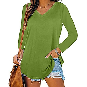 Womens Casual Long Sleeve Tunic Shirts Round Neck Button Side Blouses Tops Womens Tops Dressy Casual 3/4 Sleeve V Neck Green
