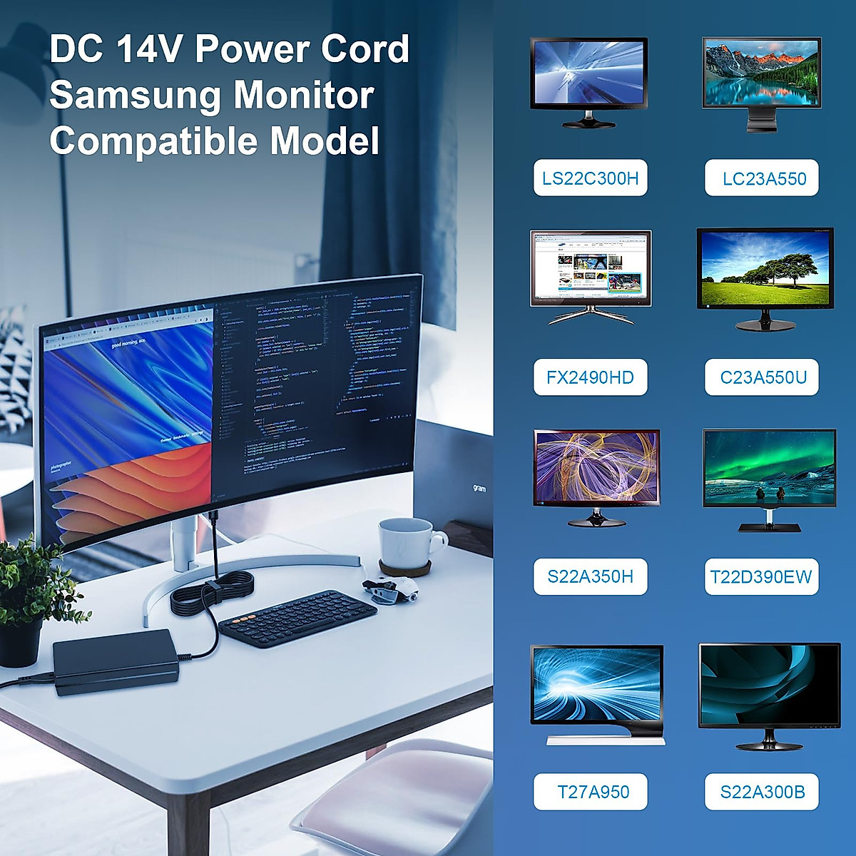 14V 3A Power Adapter Charger for Samsung Monitor S22A300B s22c300h, SyncMaster 15" 17" 18" 19" 20" 22" 23" 24" 27" Screen TV Power Cord