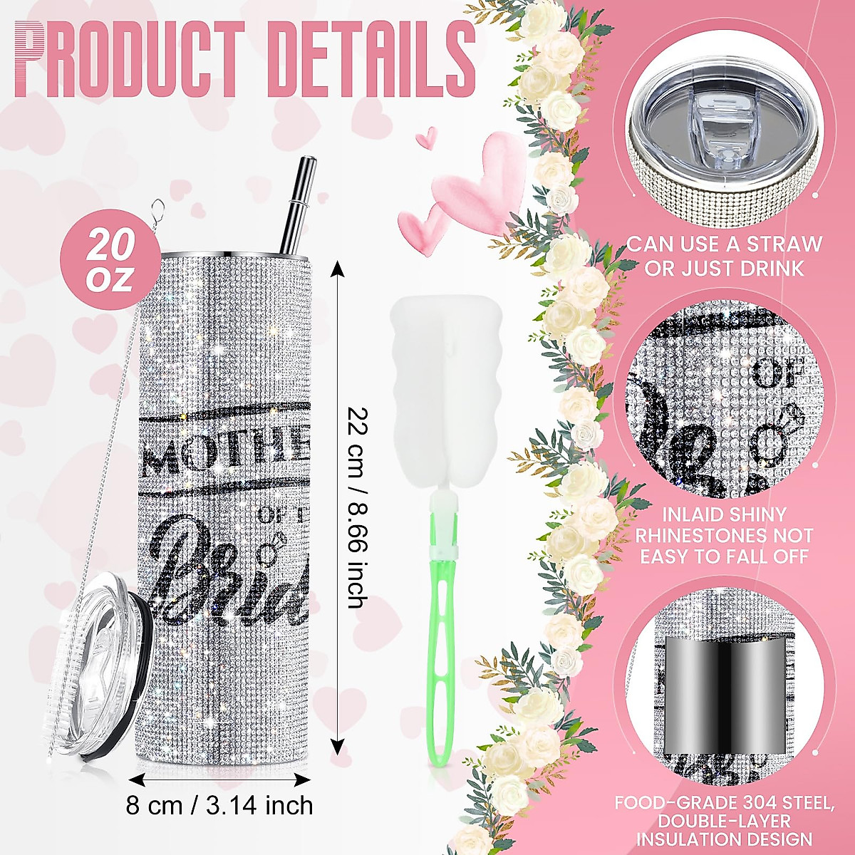 Jinei Wedding Gift Bride Tumbler 20 oz Bling Bridal Insulated Tumbler with Straw and Lid Brush Diamond Rhinestone Water Bottle for Wedding(Mother of the Bride)