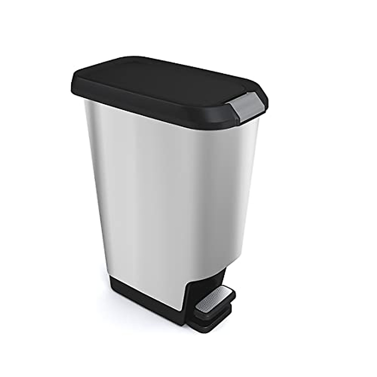 Curver Alto 11 Gallon Resin Trash Can Waste Bin with Soft-Close Lid and Foot Pedal for Hands Free Operation, Black/Silver