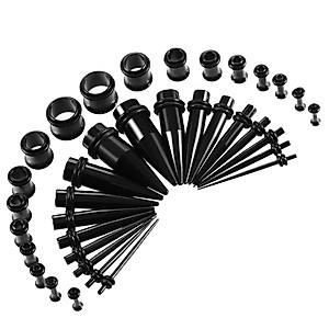JDXN Stainless Steel Ear Stretching Taper Tunnel Starter Kit - 36 Piece Set 14G - 00G (Black)