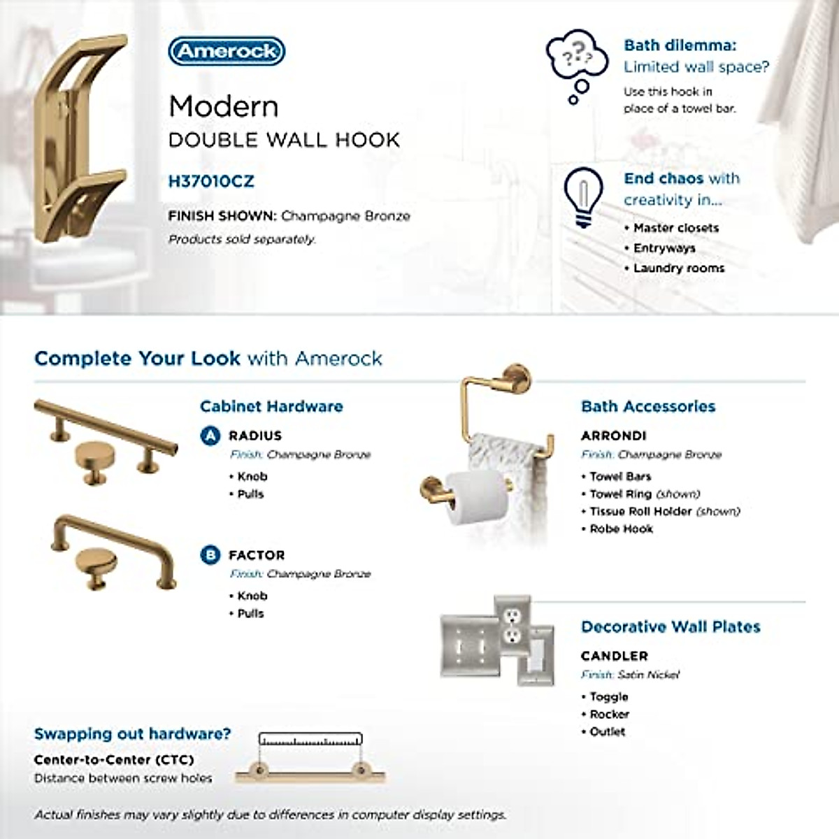 Amerock H37010CZ | Avid Double Prong Decorative Wall Hook | Champagne Bronze Hook for Coats, Hats, Backpacks, Bags | Hooks for Bathroom, Bedroom, Closet, Entryway, Laundry Room, Office