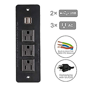 Conference Recessed Power Strip with USB 3 Outlets 1875W/12amp 2 USB Ports 2.1amp 10ft Power Cord Black