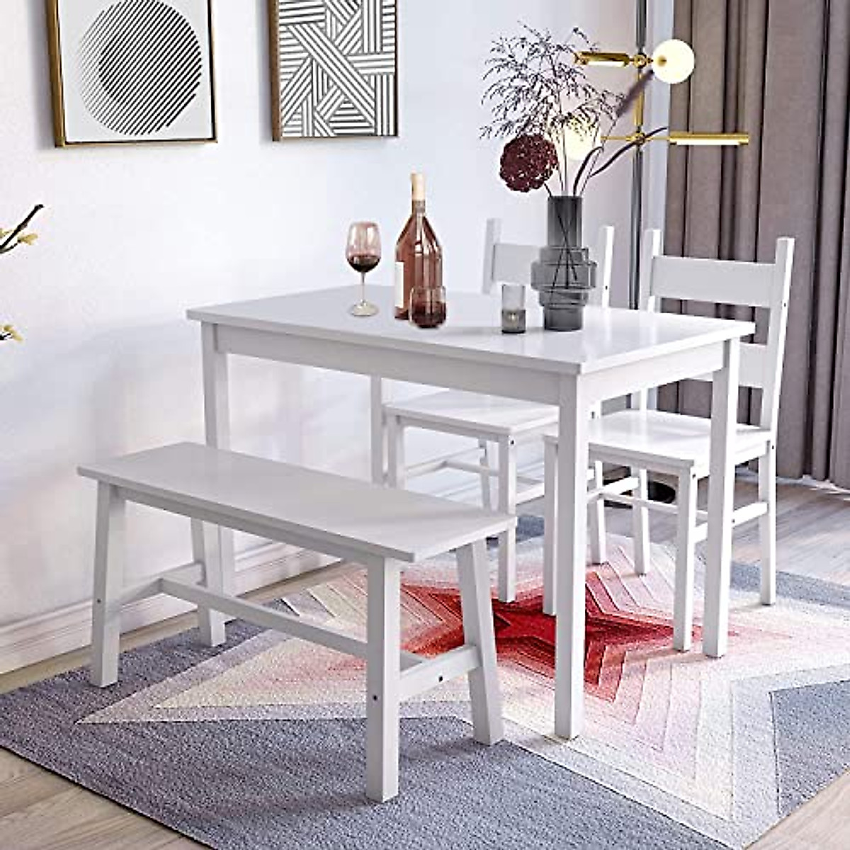 Dining Kitchen Table Set for 4, Solid Wood 4 PC Table and Chair Set, Rectangular Kitchen Table with 2 Chairs and Bench, Modern Farmhouse Dinette Table Set for Kitchen, Dining Room, Easy Assembly