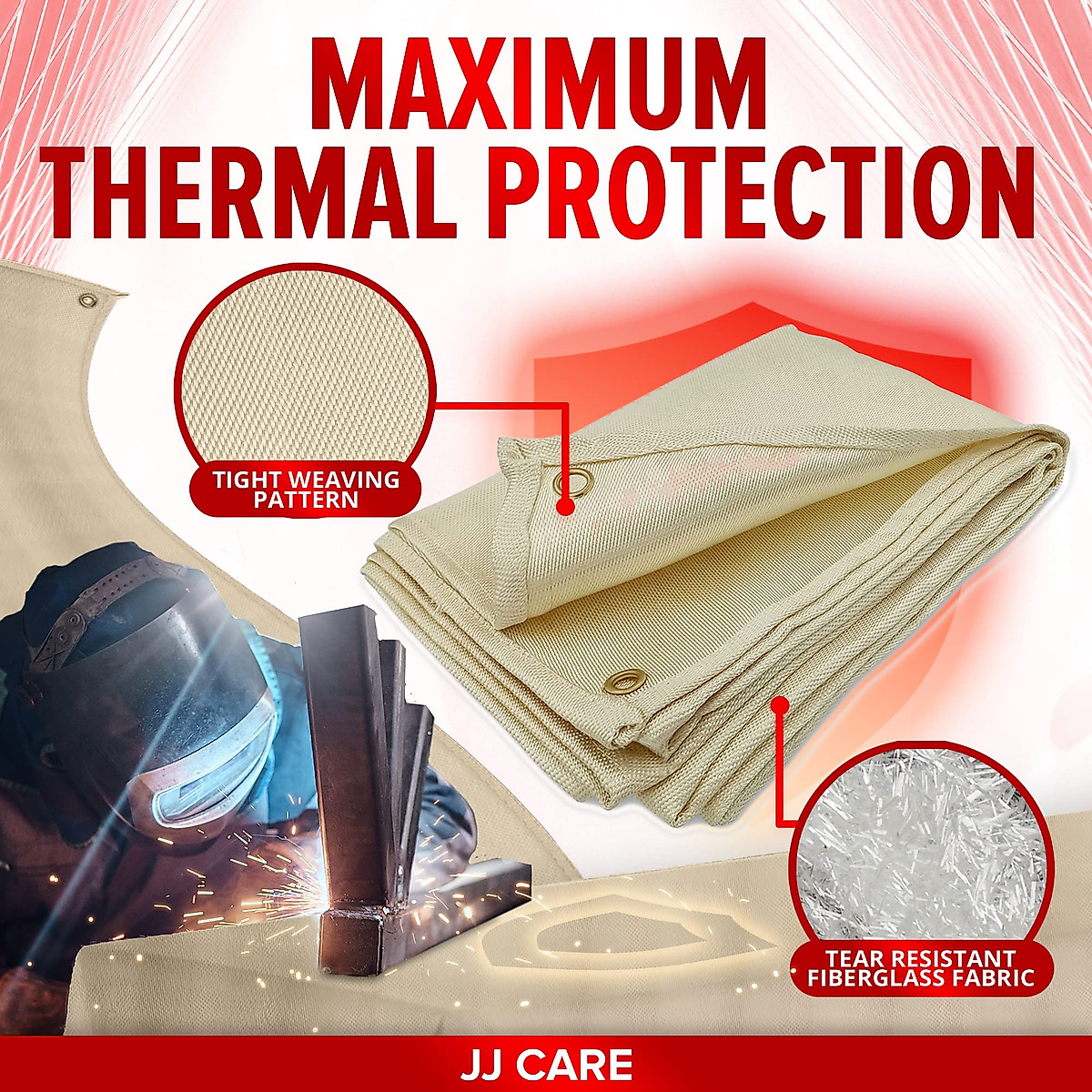 JJ CARE Welding Blanket - 1 Pack 6ft x 6ft Welding Mat - 850GSM Fiberglass Welding Blanket with Brass Grommets, Welders Blanket for Grill, Smoker Welding Blanket Heavy Duty, Welding Tarp & Shield