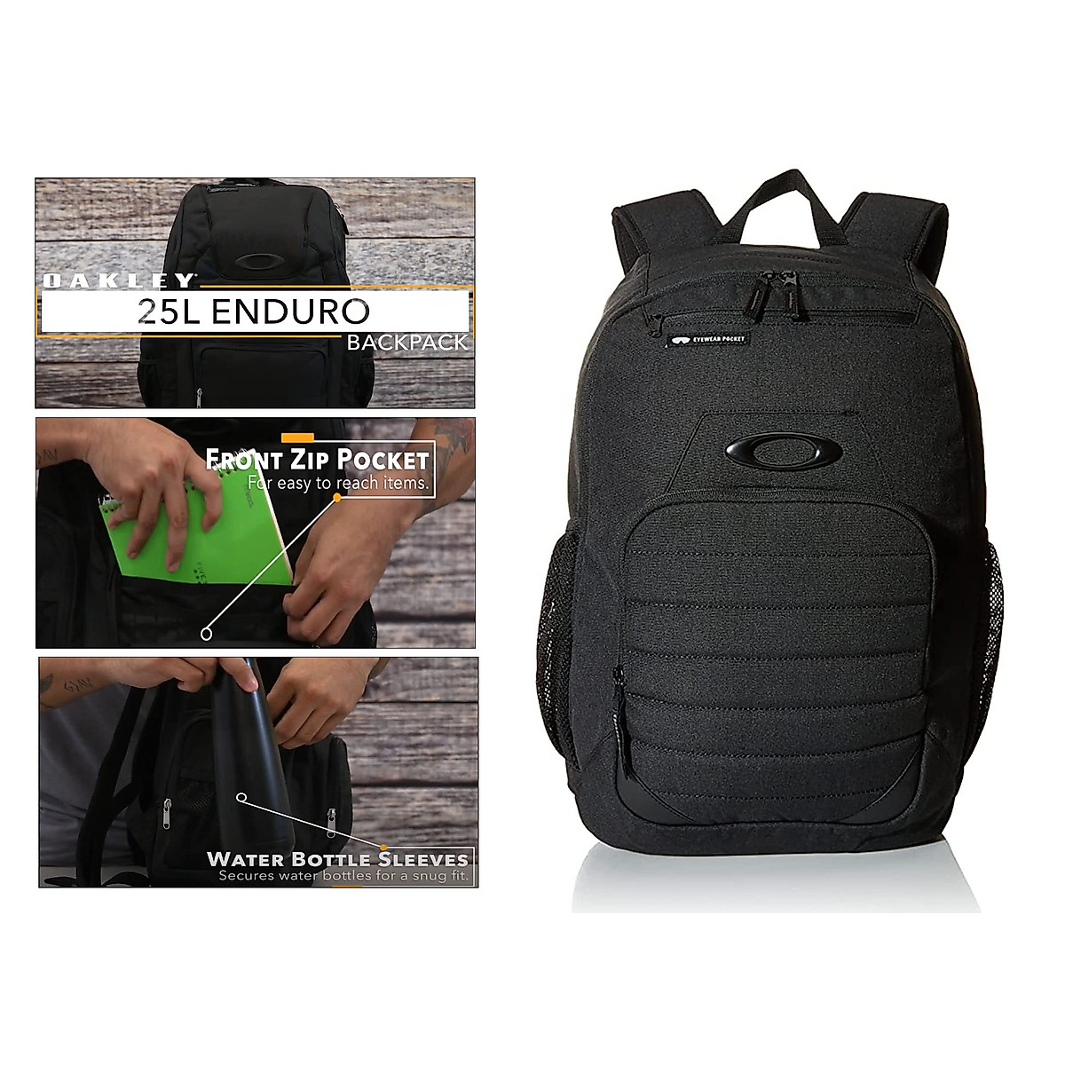 Oakley Men's 25L Enduro 4.0 25L Black/Purple Backpack for Hiking Backpacking Camping + BUNDLE with Designer iWear Water Bottle with Carabiner