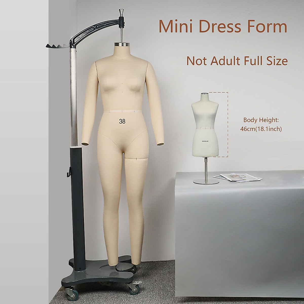 Jelimate Half Scale Dress Form Size 12 (Not Adult Full Size) Female Torso Mini Dressmaker Dummy for Sewing Pattern Maker's Professional Half Size Mannequin,Beige