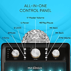 MASINGO Karaoke Machine for Adults and Kids with 2 Wireless Microphones, Portable Singing PA Speaker System Set with 2 Bluetooth Mics, Disco Ball Party Lights & TV Cable, Ostinato M7