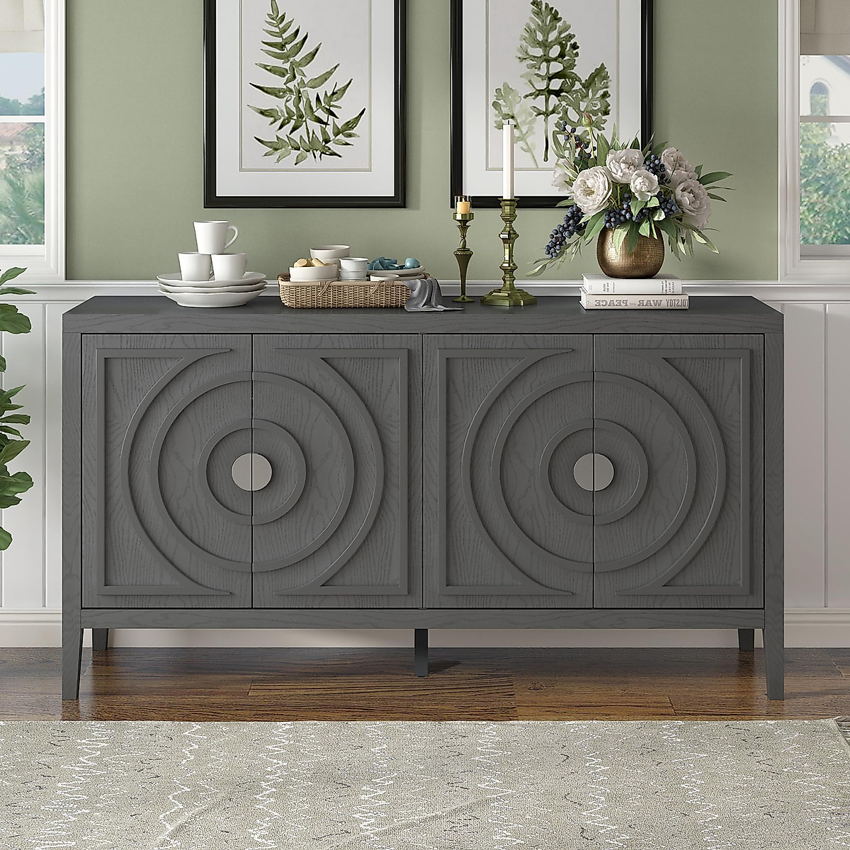 P PURLOVE Retro Accent Sideboard Cabinet with 4 Doors, Freestanding Storage Console Table with Circular Groove Design and Metal Door Handle, Wooden Sideboarddoor for Dining, Hallway (Gray)