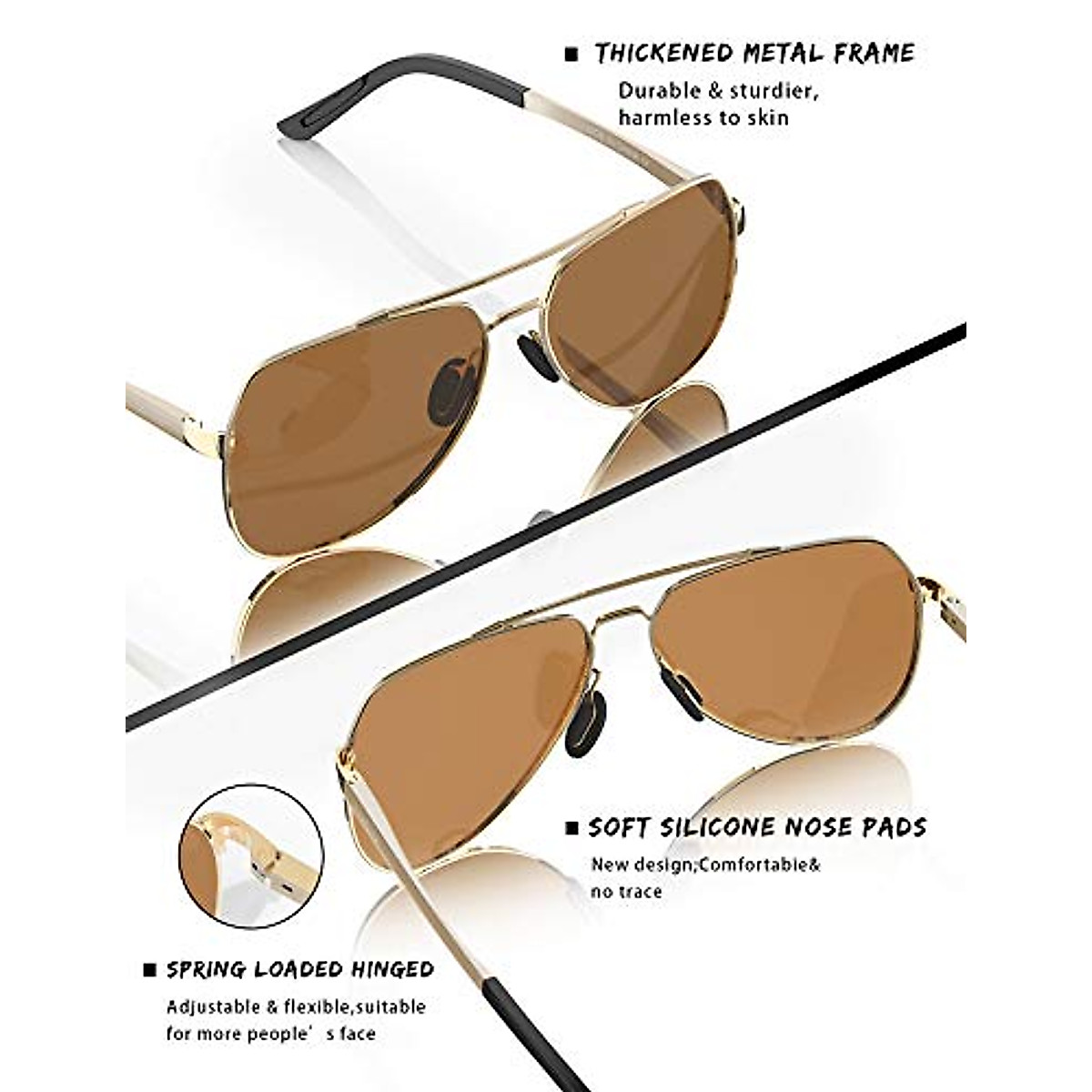 LUENX Men Women Aviator Sunglasses Polarized Shades Flexible Spring Hinge - Brown Lens Gold Metal Frame Large 60mm