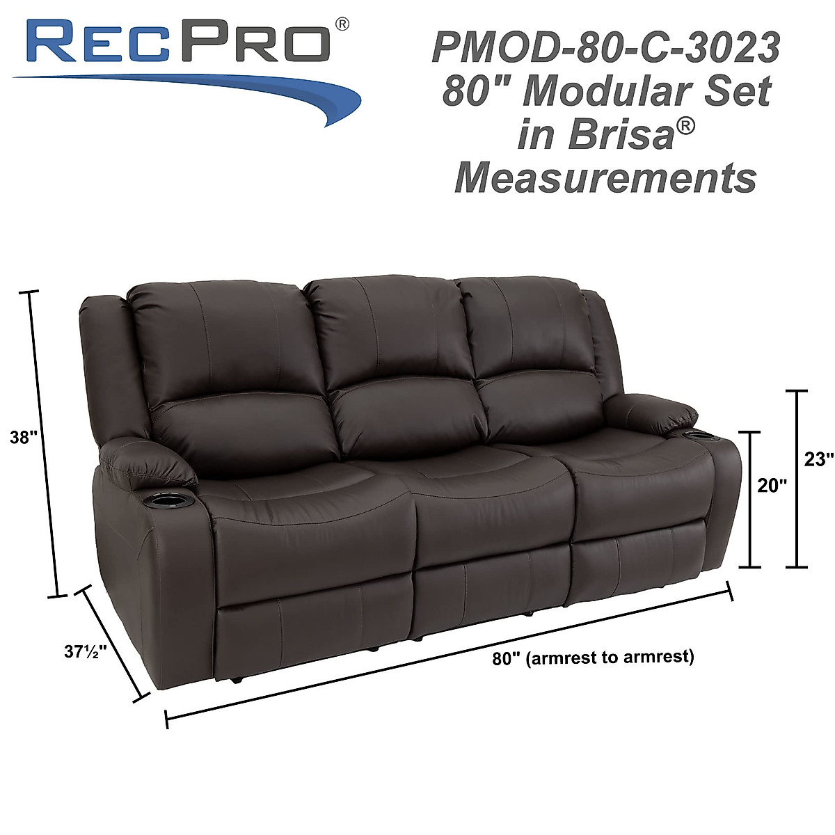 RecPro RV 80" Powered Triple Recliner Sofa & Drop-Down Console | Wall Hugger Seats | Ultrafabrics Brisa (Coffee Bean)