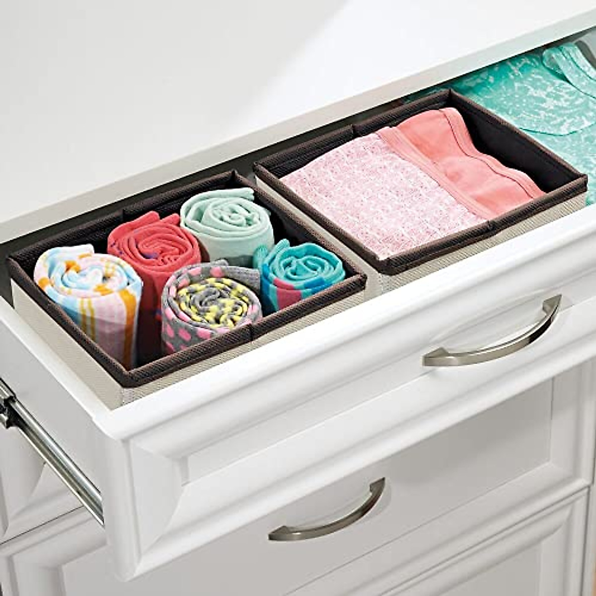 mDesign Rectangular Soft Fabric Dresser Drawer and Closet Storage Organizer Bin for Lingerie, Bras, Socks, Leggings, Clothes, Jewelry, Scarves - Textured Print - 2 Pack - Cream/Espresso Brown