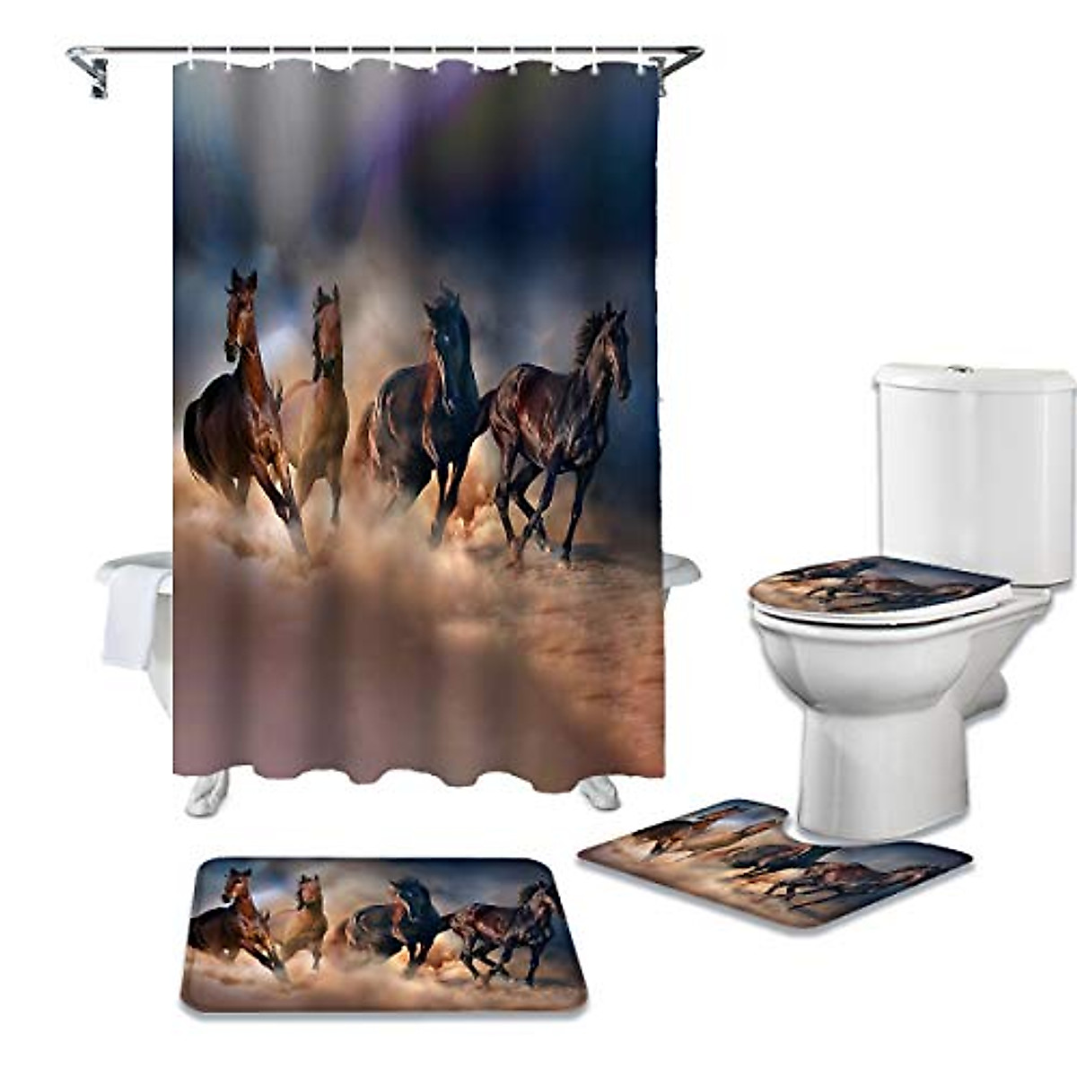 FAMILYDECOR 4 Piece Shower Curtain Sets with Non-Slip Rug, Toilet Lid Cover and Bath Mat, Horses Galloping Fast on The Ground Shower Curtain with Hooks, Durable Waterproof Bath Curtain 36x72 Inch