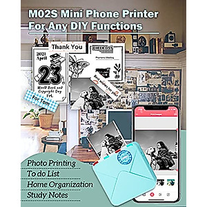 Phomemo Pocket Printer- M02S 300dpi Portable Bluetooth Inkless Mini Phone Printer- Note Printer for DIY Creation, Photo Printing, Study Notes, Cyan