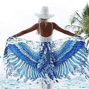 Pure Silk Wearable Artistic Hand Painted Bird Wing Feather Scarf (Blue Wings)
