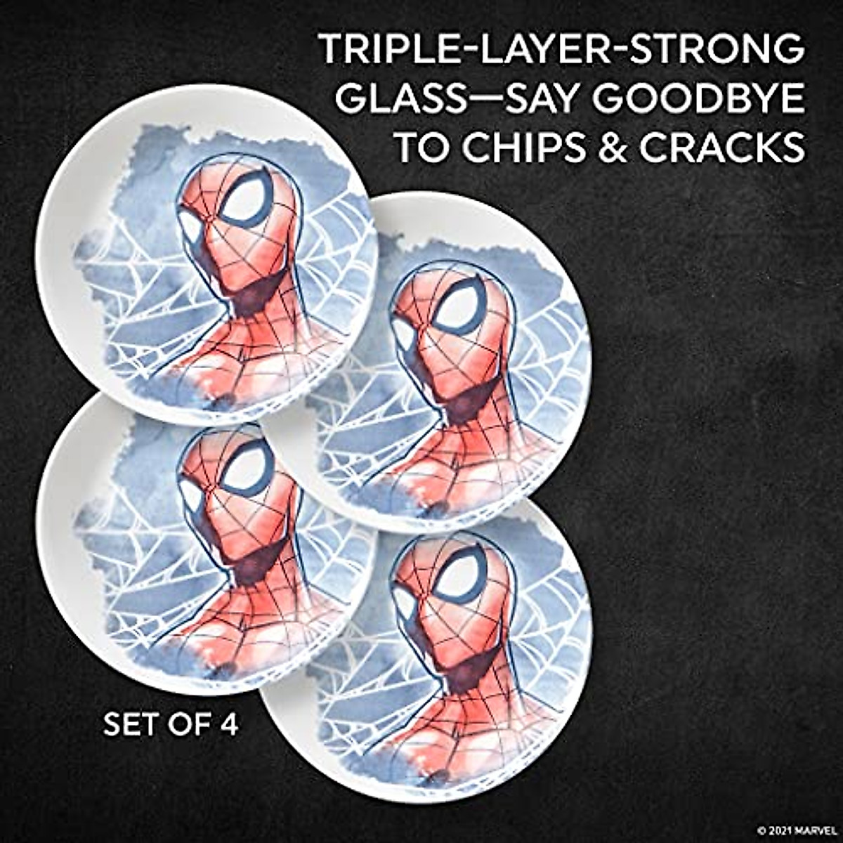 Corelle Vitrelle 4-Piece Salad Plate Set, Triple Layer Glass and Chip Resistant, Lightweight Round 8-1/2-Inch Plates Set, Marvel's Spider-Man