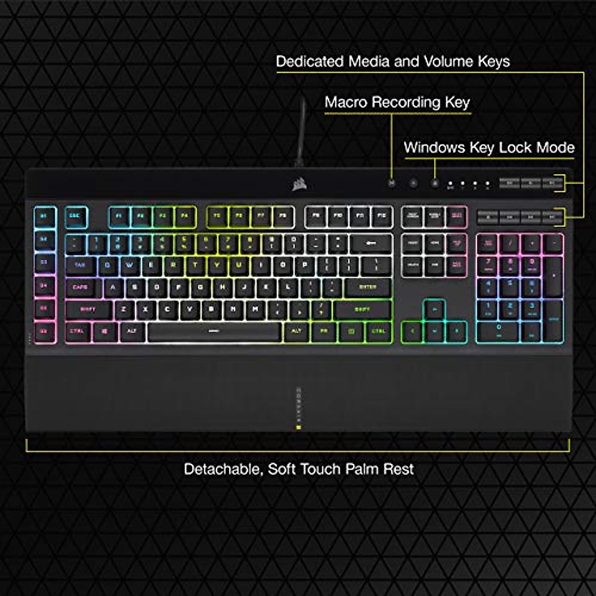 Corsair K55 RGB PRO XT - Dynamic Per-Key RGB Backlighting - Six Macro Keys with Elgato Stream Deck Software Integration-IP42 Dust and Spill-Resistant-Detachable Palm Rest-Media and Volume Keys-Black