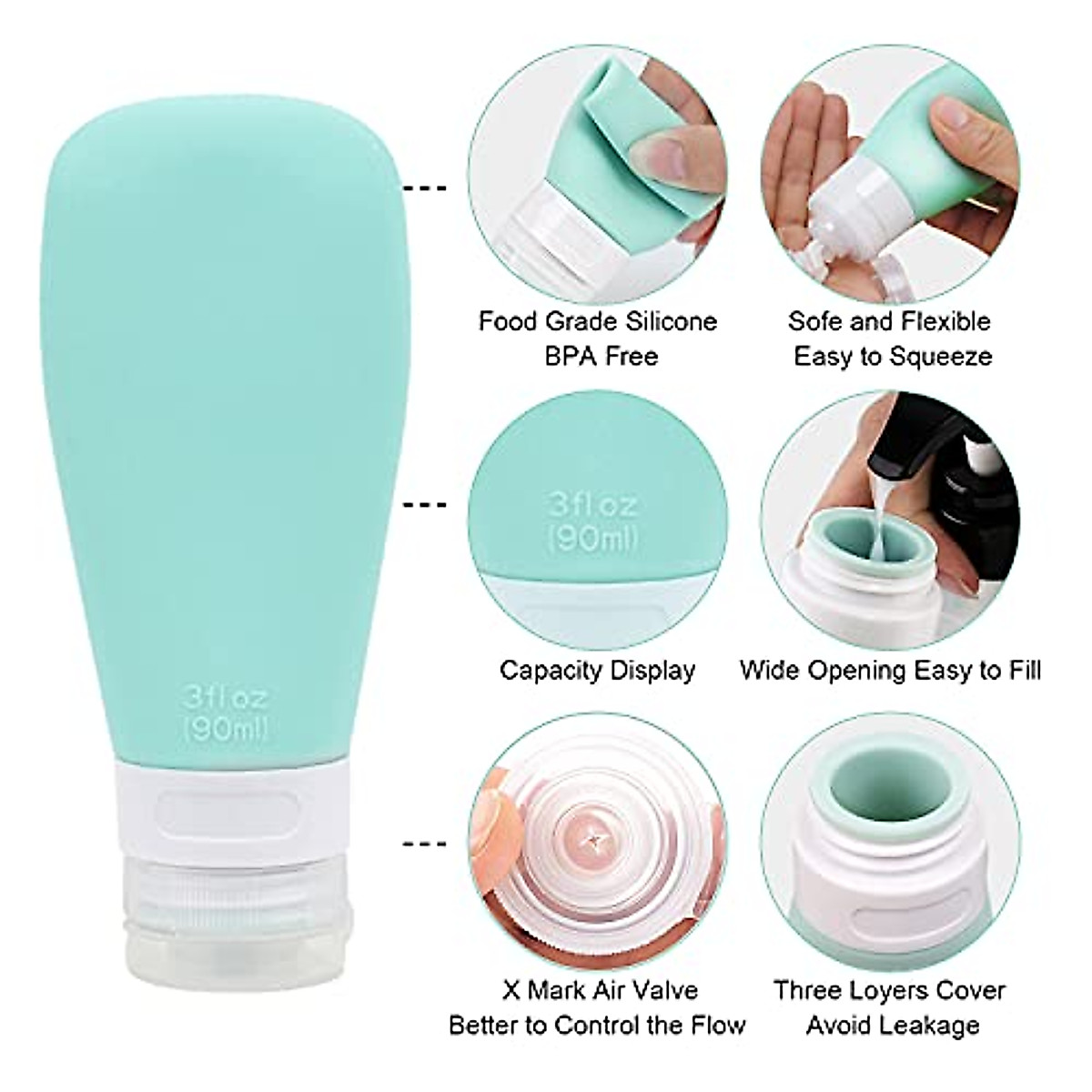 sowinlar 12 Pack Travel Bottles Set for Toiletries，TSA Approved Silicone Leak Proof Refillable Travel Containers, Squeezable Travel Kit,Travel Size Bottles for Toiletries Shampoo Soap 3 oz