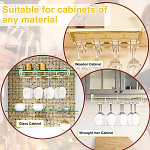 AUHOKY Adjustable Wine Glass Holder Under Shelf, Nail Free Metal Stemware Holder Storage Hanger, Hanging Wine Glasses Rack Organizer Under Cabinet Mount for Bar Kitchen (4 Rows, Gold)