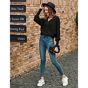 MEROKEETY Women's Batwing Long Sleeve V Neck Pullover Sweaters Foldover Collared Casual Knit Jumper Tops Black