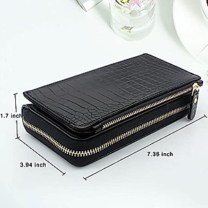 Lacass Dual Zipper Leather Wallet Case Card Slots [Cards Theft Scan Protection] Detachable Magnet Phone Cover Money Pocket Crossbody Chain Lanyard for iPhone 12/12 Pro (Black)