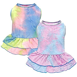 cyeollo 2 Pack Tie Dye Dog Dress Stretchy Dresses Breathable Pet Soft Dog Clothes for Small Dogs Girl