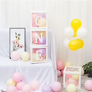 First Birthday Balloons Boxes for Boy or Girl 'ONE' Letters Individual Three White Transparent Square Boxes Baby 1st Birthday Party Decorations Backdrop Photo Shoot Prop